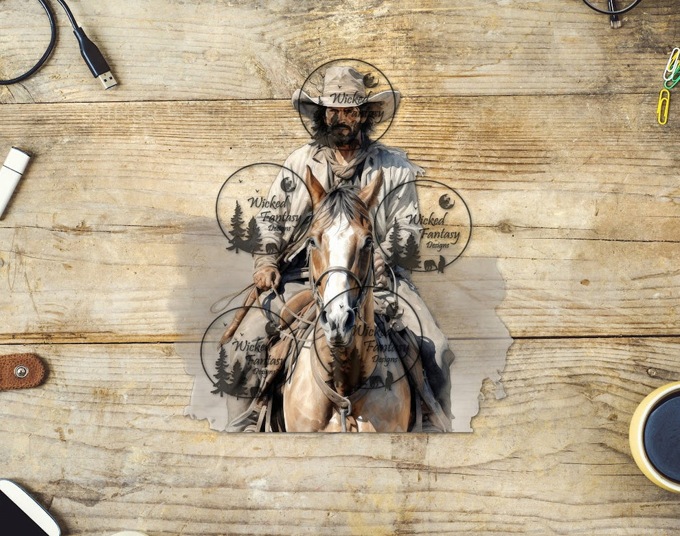 UVDTF Rugged Realistic Cowboy Riding Horse Lasso – Wicked Fantasy Designs