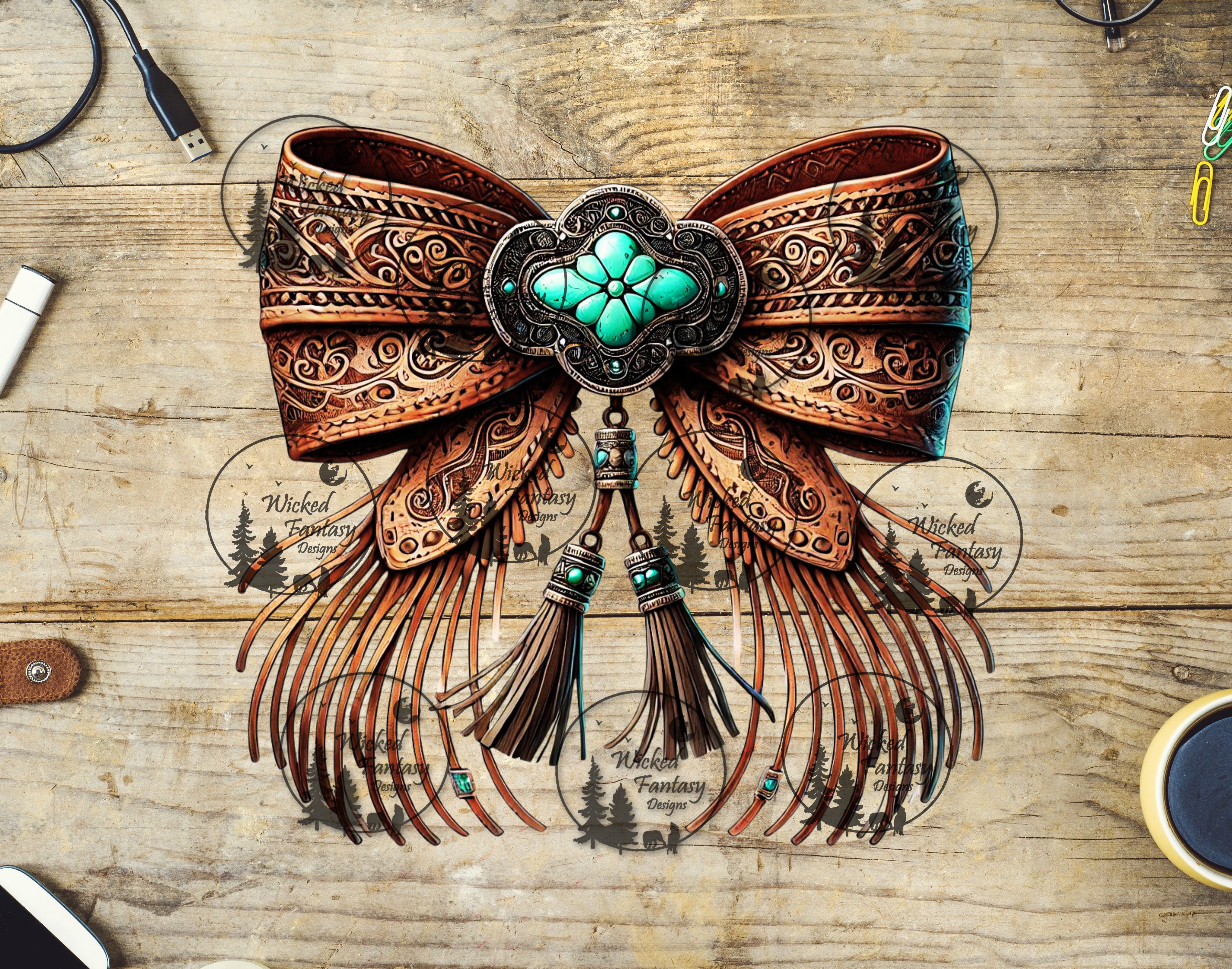 UVDTF Tooled Leather Bow with Concho and Fringe – Wicked Fantasy Designs