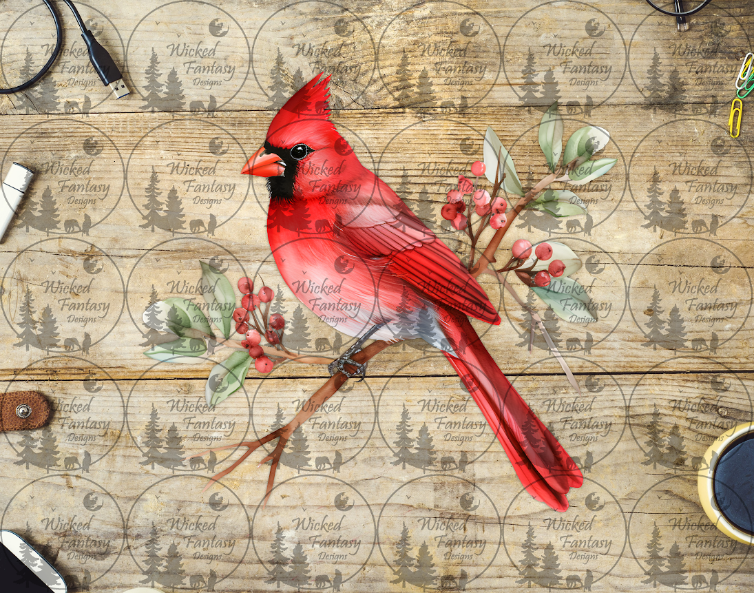 UVDTF Cardinal on Branch with Berries – Wicked Fantasy Designs
