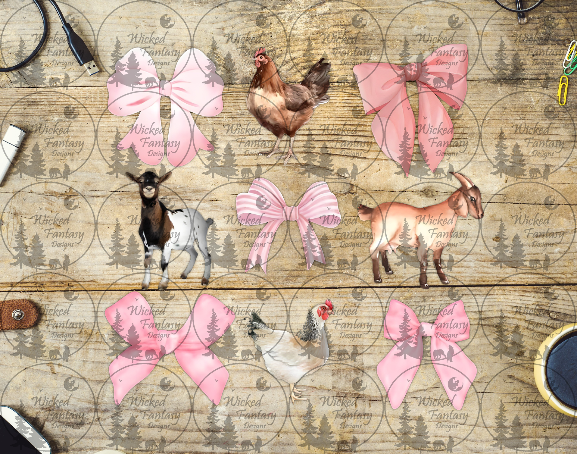 UVDTF Goats Chickens and Pink Bows 6x7" Element – Wicked Fantasy Designs
