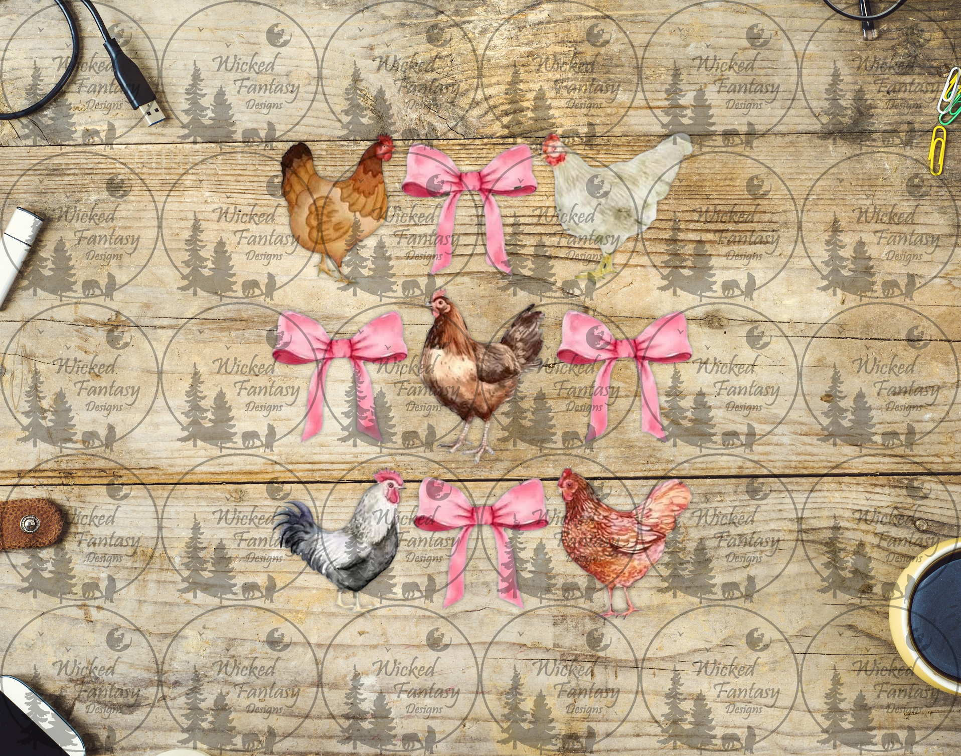 UVDTF Chickens and Pink Bows 6x7" Element – Wicked Fantasy Designs
