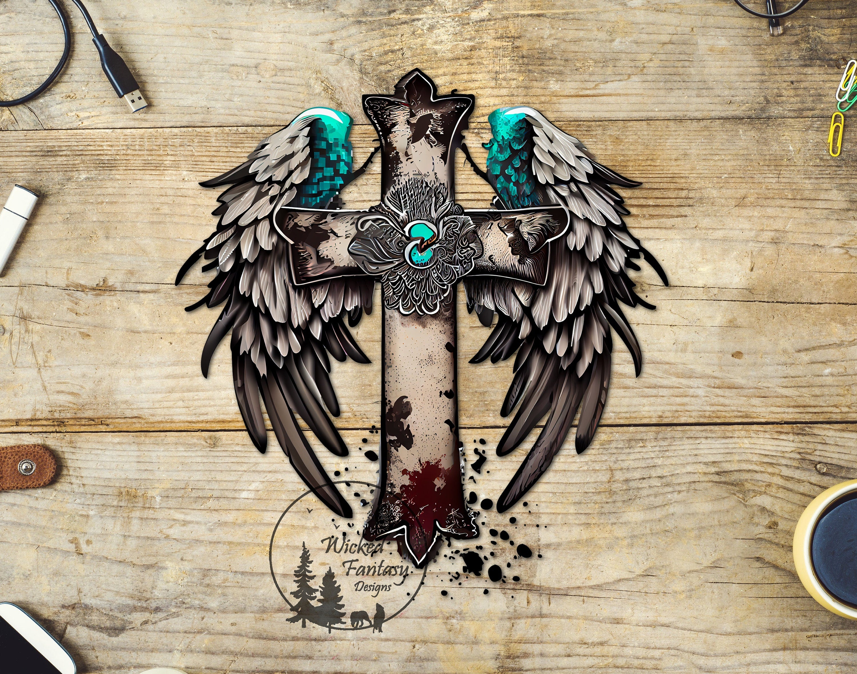 UVDTF Decal Rustic Western Cross with White Angel Wings Turquoise Conc ...